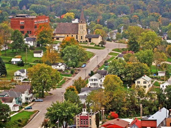 The bird's-eye view shows how Lanesboro fits into the landscape like it grew there naturally instead of being built by humans.