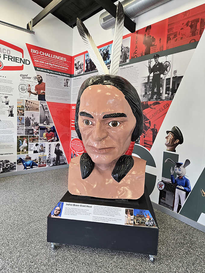 The meticulously preserved Native American brave head showcases the detailed craftsmanship that went into these commercial colossi of yesteryear.