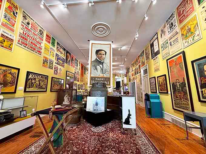 Yellow walls adorned with vintage posters create a time capsule of magical history. Harry Houdini watches over visitors from his prominent portrait.