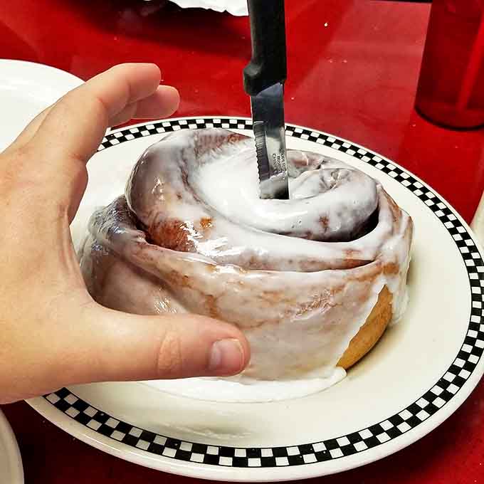Not just dessert, but a religious experience &ndash; Junior's cinnamon rolls come drowning in vanilla frosting that pools around the base.