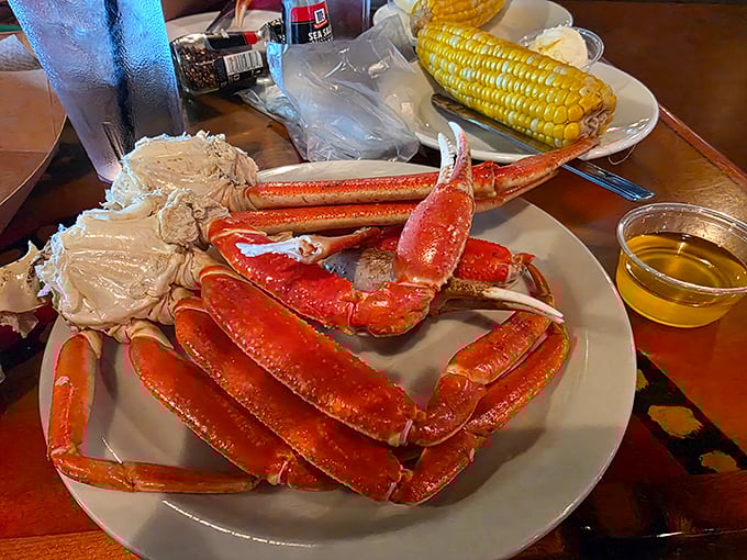 Nature's puzzle box – sweet, succulent Alaskan king crab legs that transform dinner into a delicious treasure hunt. Worth every crack!