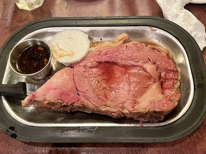 This isn't just prime rib &ndash; it's a carnivore's dream, served on a metal platter with horseradish sauce potent enough to clear sinuses three tables away.