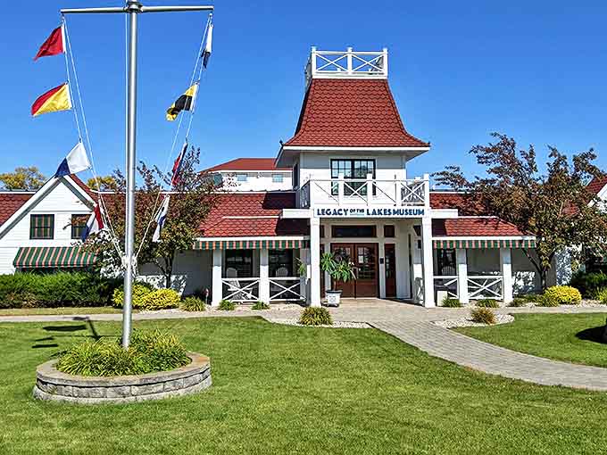 The Legacy of the Lakes Museum celebrates Minnesota's nautical heritage with its distinctive red-roofed building and maritime displays.
