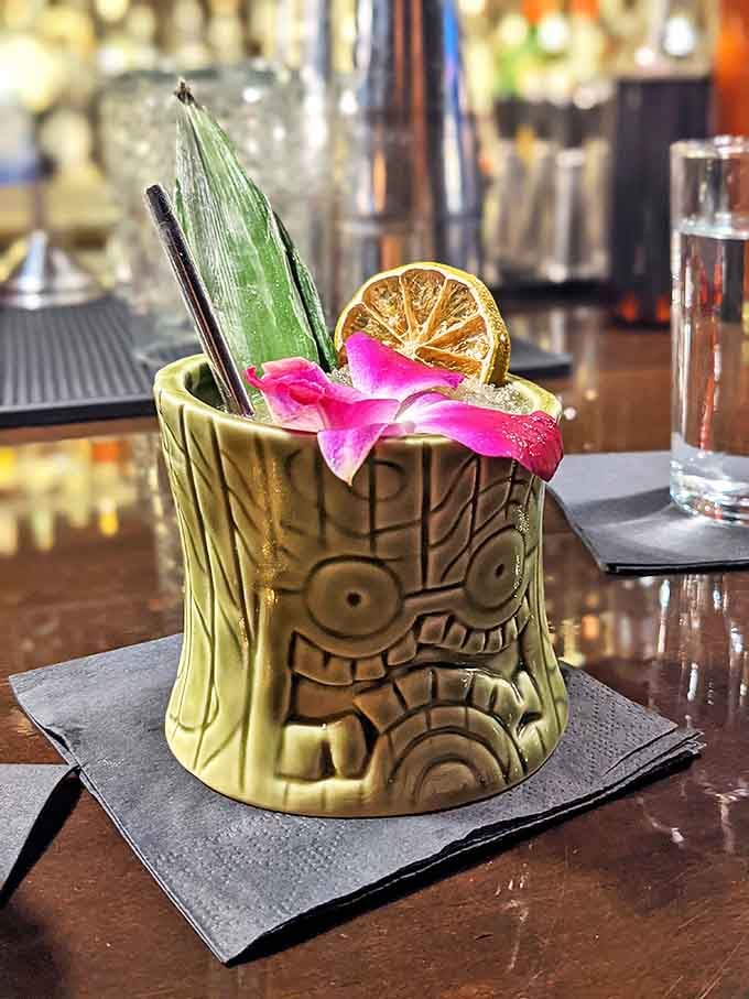 Mai Tai: This isn't your poolside vacation drink! Served in a whimsical tiki vessel, this Mai Tai elevates rum to an art form with fresh ingredients and tropical flair.