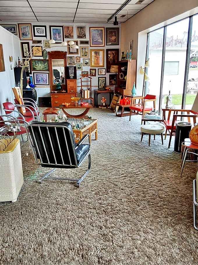 Mid-century furniture mingles with Victorian pieces in this corner, creating a design conversation across centuries of American home life.