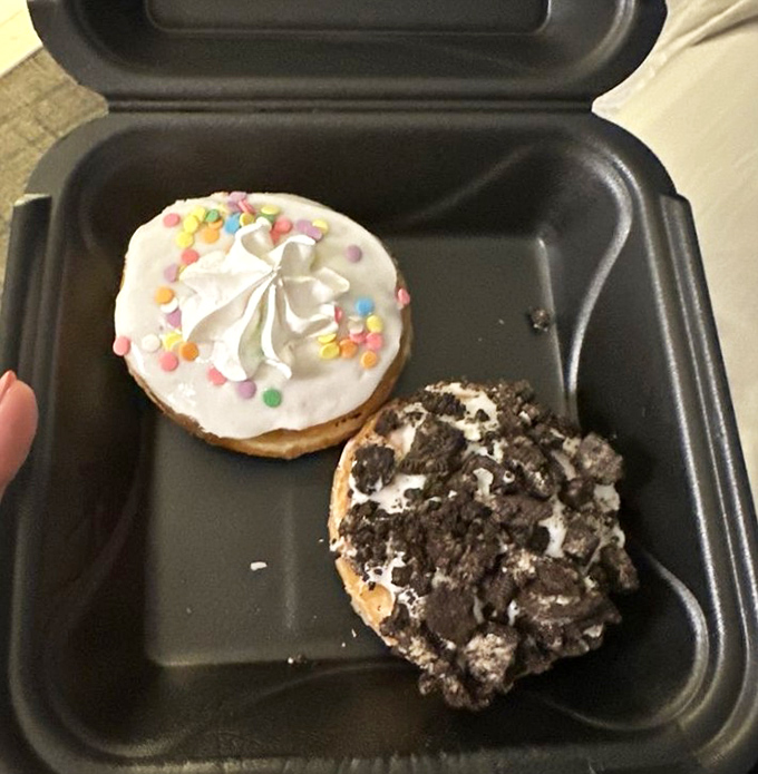 A study in contrasts: the cheerful sprinkle-topped confetti donut alongside its sophisticated cousin, the cookies-and-cream masterpiece &ndash; donut diplomacy at its finest.