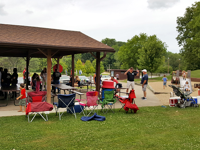 Local families gather under this pavilion for everything from birthday celebrations to impromptu picnics, creating memories against a backdrop of rolling hills.