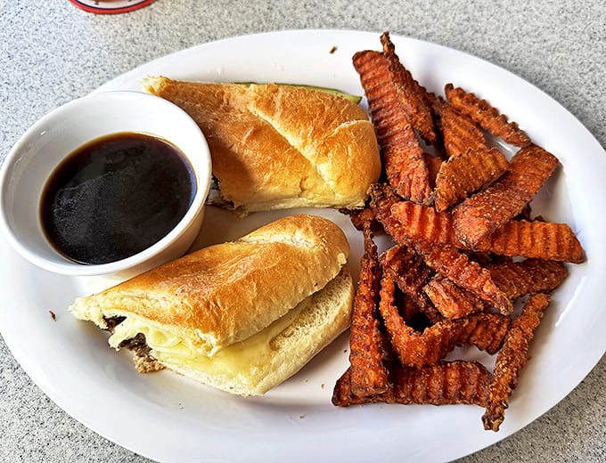 The legendary French Dip sandwich &ndash; tender roast beef on a fresh baguette with savory au jus that might just change your life.