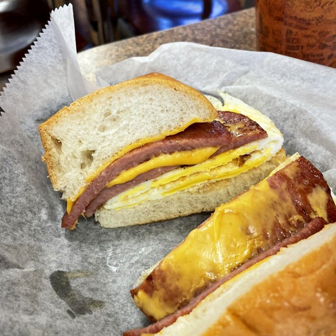 This isn't just any sandwich – it's a perfectly griddled pork roll creation that would make New Jersey natives weep with joy.