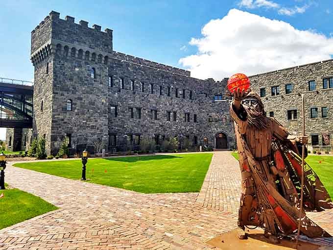 Medieval courtyard magic: Where Wisconsin landscaping meets Camelot aesthetics, creating the perfect spot for modern-day knights to ponder spreadsheets.