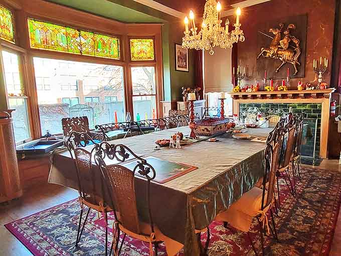 This dining table has seen more elegance in one evening than most of us experience in a lifetime, and those stained glass windows aren't hurting the ambiance either.