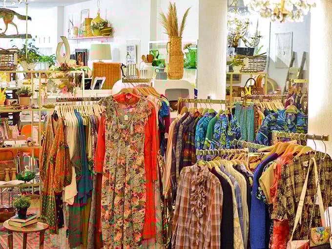Racks of vintage clothing span decades of fashion, offering everything from bohemian florals to classic pieces that prove style is truly cyclical and timeless.