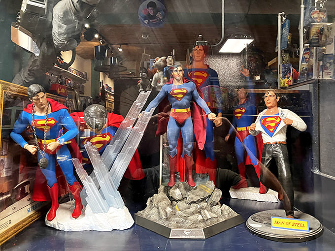 Multiple generations of Superman figures stand together like a family reunion, from classic interpretations to modern takes on the Last Son of Krypton.