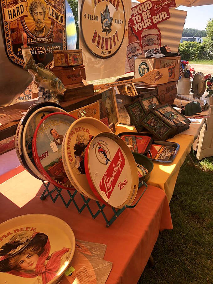 Vintage beer trays and brewery collectibles transport you to a time when advertising was an art form and logos had personality.