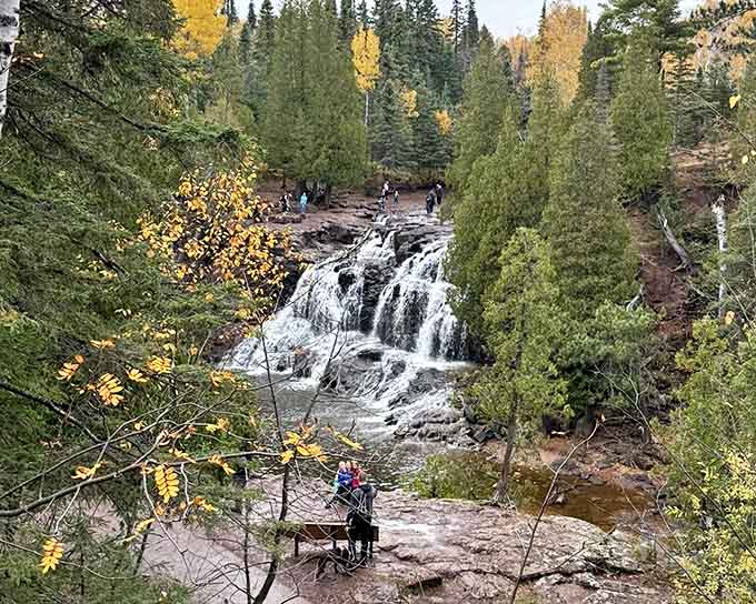 Water dances down multiple tiers at Gooseberry Falls, a natural performance that's been running continuously since the last ice age.