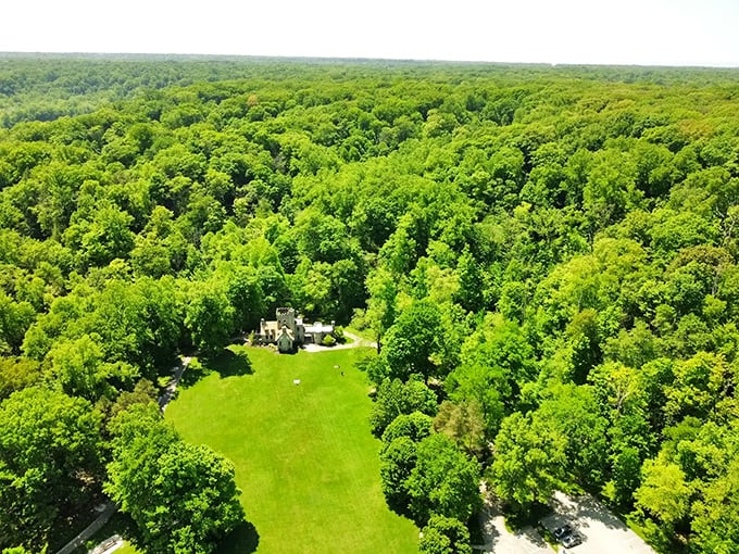 An aerial view reveals Squire's Castle nestled in its emerald kingdom – a tiny medieval outpost surrounded by a sea of Midwestern greenery.