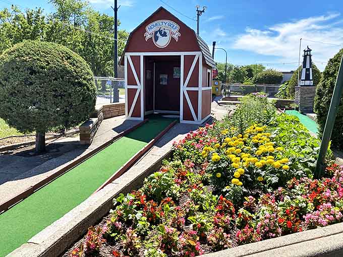 The charming red barn hole beckons players into its miniature doorway &ndash; country living meets suburban putting in this whimsical farm-themed challenge.