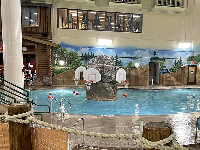 Nothing says "family vacation" like shooting hoops in a pool while grandma watches from her perfectly dry perch nearby.