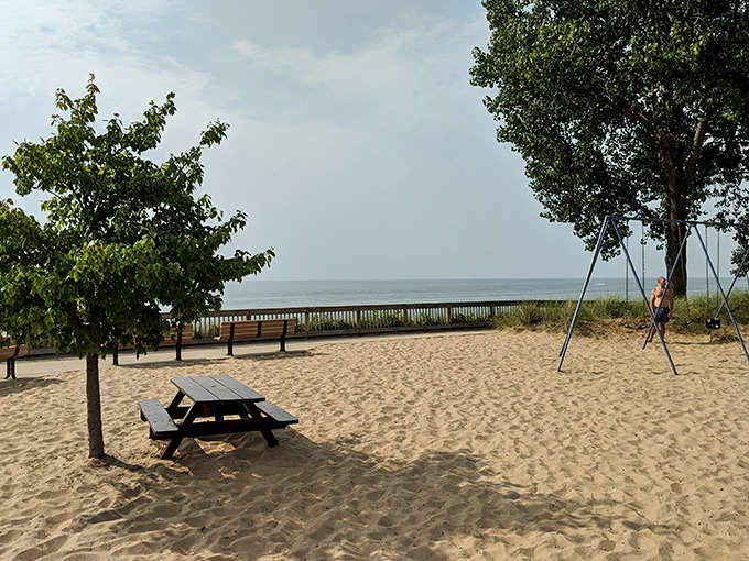 This beachside seating area offers front-row seats to the greatest show on earth: sunset over Lake Michigan, no ticket required, just bring yourself.