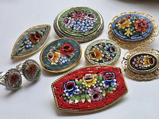 Delicate micromosaic brooches showcase Italian craftsmanship so fine you'd swear each tiny piece was placed by fairies rather than human hands.