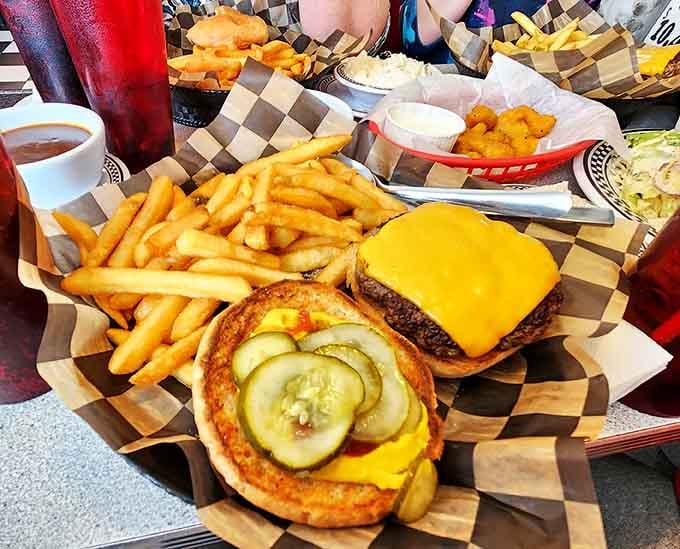 This isn't just lunch &ndash; it's edible nostalgia. A perfectly assembled burger with crispy golden fries that would make the Fonz give two thumbs up.