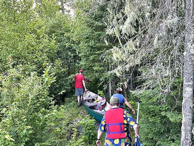 Weekend warriors navigate the forest path, canoe in tow &ndash; proving some treasures require effort to reach.