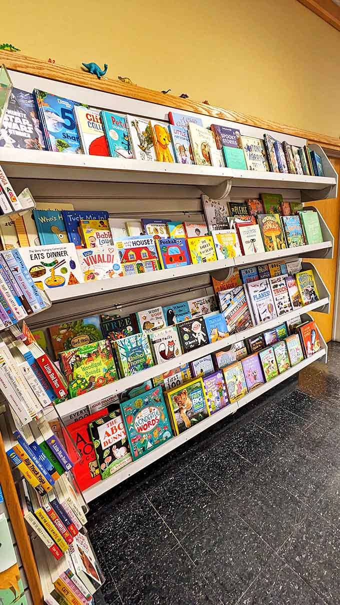 The children's section bursts with color and possibility, tiny literary gateways arranged with care, complete with whimsical dinosaur guardians watching from above.