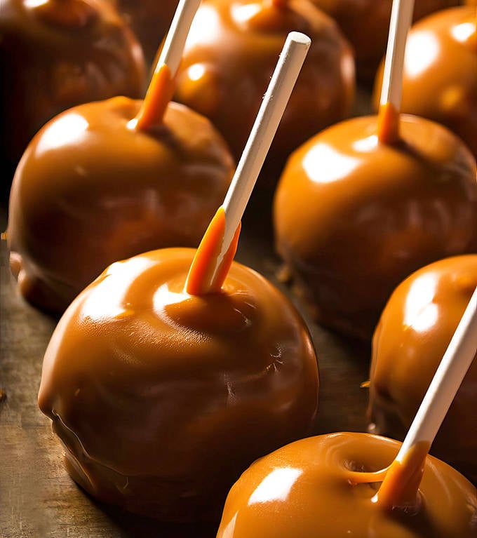 The classic caramel apple lineup &ndash; like a delicious army standing at attention, waiting to be drafted into your shopping bag.