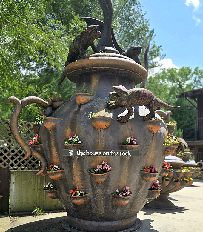 The House on the Rock teapot planter combines whimsy with practicality, tiny dinosaurs crawling where Earl Grey might have once steeped.