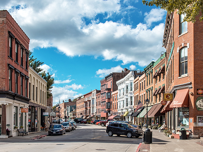 Downtown Galena's colorful brick facades create a vibrant streetscape that feels more like a quaint European village than rural Illinois.