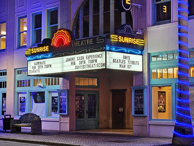 The marquee glows with promise as night falls, announcing upcoming shows with the same excitement it has for generations.