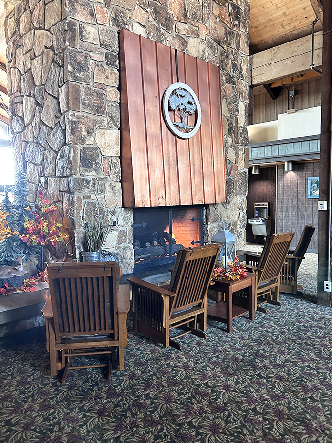 The stone fireplace serves as the lodge's beating heart, where strangers become friends and ghost stories become slightly more believable after dark.