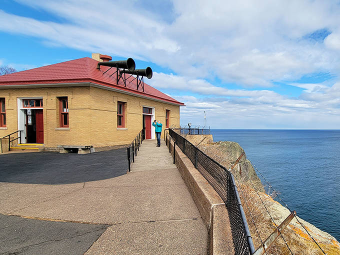 The fog signal building once warned ships with horn blasts so loud they could probably wake sleeping fish.