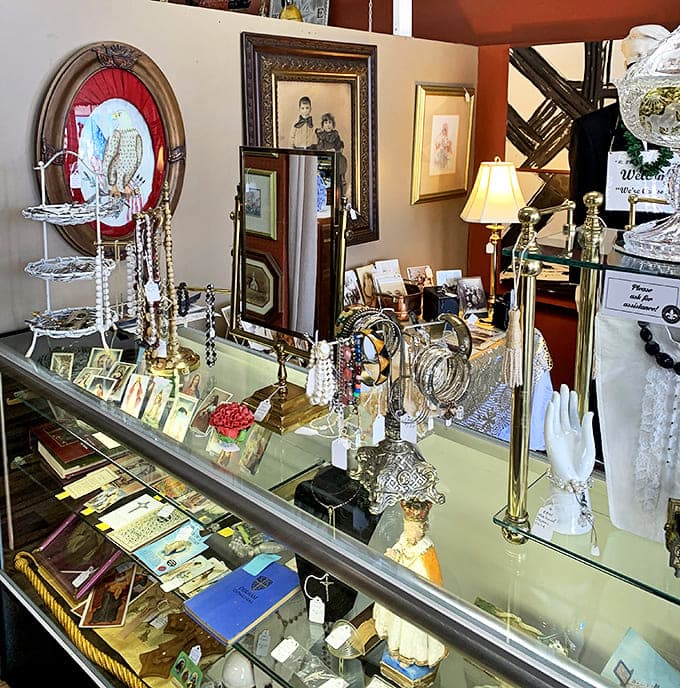 Jewelry cases sparkle with vintage treasures, from delicate necklaces to ornate brooches that once accessorized Sunday's finest church outfits decades ago.