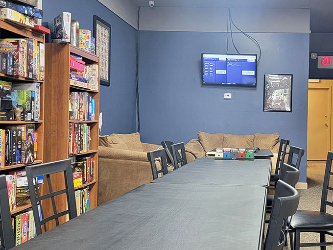 Long tables invite epic gaming sessions where friendships are tested, alliances formed, and memories created over cardboard battlefields.