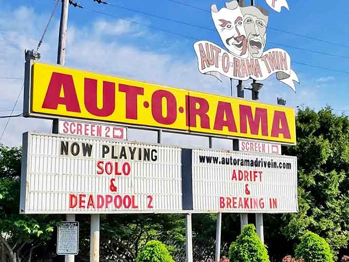 The iconic Aut-O-Rama sign announces today's double features, a beacon of entertainment that's been drawing movie lovers for generations.