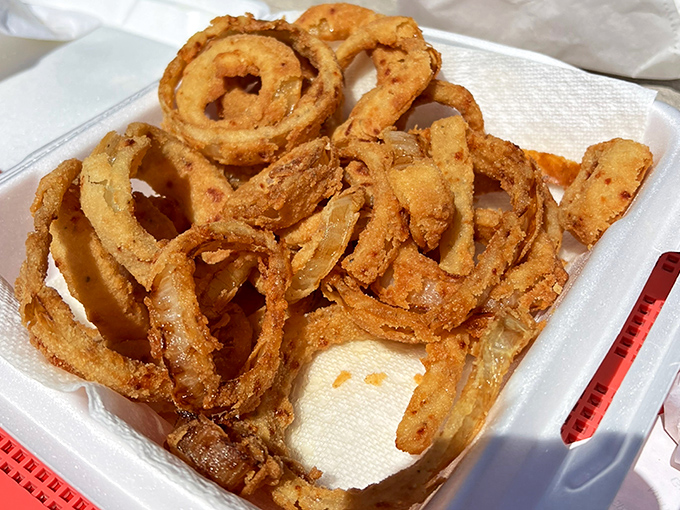Golden, crispy onion rings that shatter at first bite &ndash; these hand-battered beauties might be worth the drive alone.