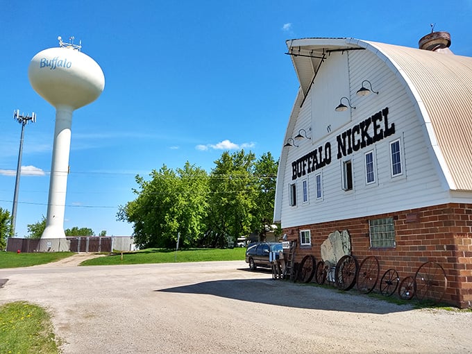 Buffalo's water tower keeps watch over the antique barn, a small-town landmark duo that's become a destination for treasure hunters from across the state.