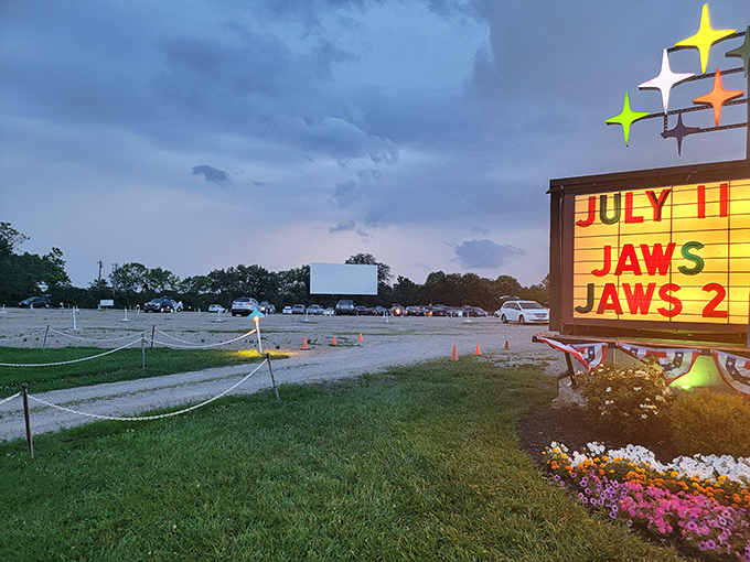 Cars gather under a painted sunset sky, creating a community of cinephiles waiting for darkness to unveil the night's feature.
