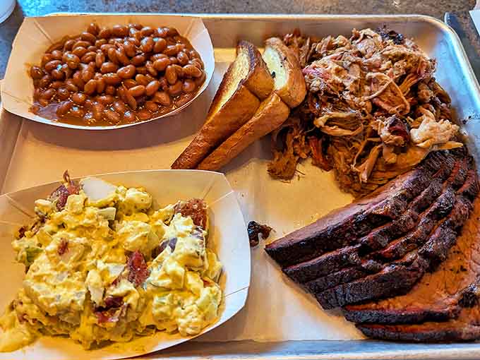 A barbecue feast fit for royalty: pulled pork piled high with beans and potato salad &ndash; proof that happiness can indeed be served on a tray.