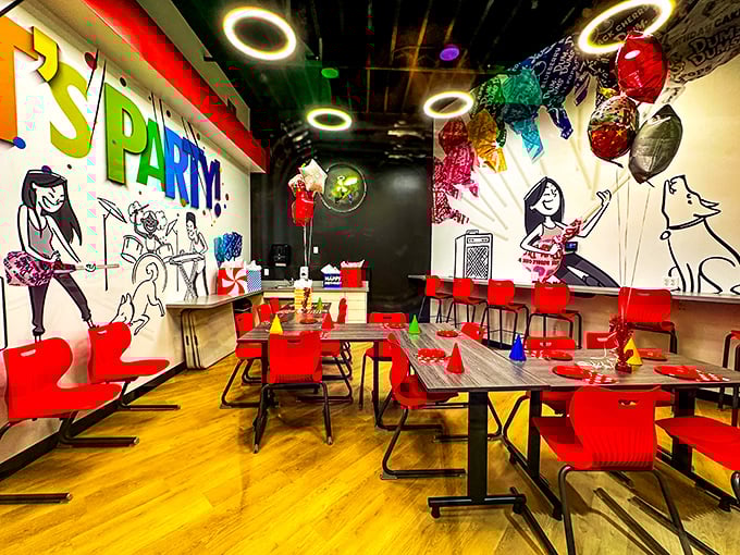The "Let's Party" room bursts with primary colors and playful illustrations, creating the perfect space for sugar-fueled celebrations and candy-themed gatherings.