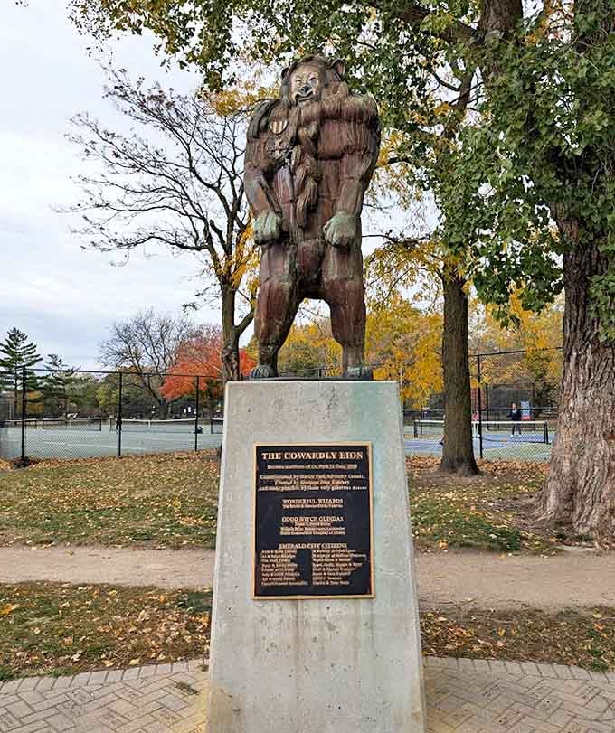 The Cowardly Lion shows no fear as he stands guard near the athletic fields, his magnificent mane captured perfectly in bronze for generations to enjoy.
