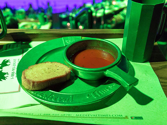 Tomato bisque and garlic bread: proof that some culinary combinations transcend time, even without a spoon to eat them with.