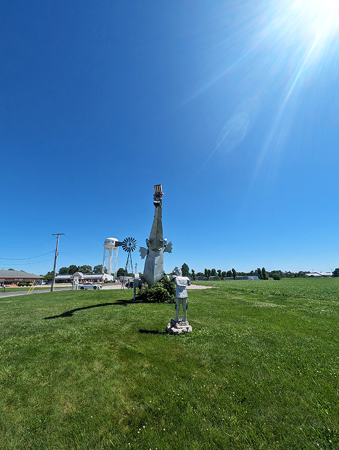 Bathed in sunshine, the Kaskaskia Dragon's silver scales shimmer like precious metal, a roadside treasure hiding in plain sight.