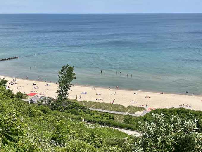 Beach-goers create their own slice of paradise along the shore, proving Wisconsin summers rival any coastal destination.