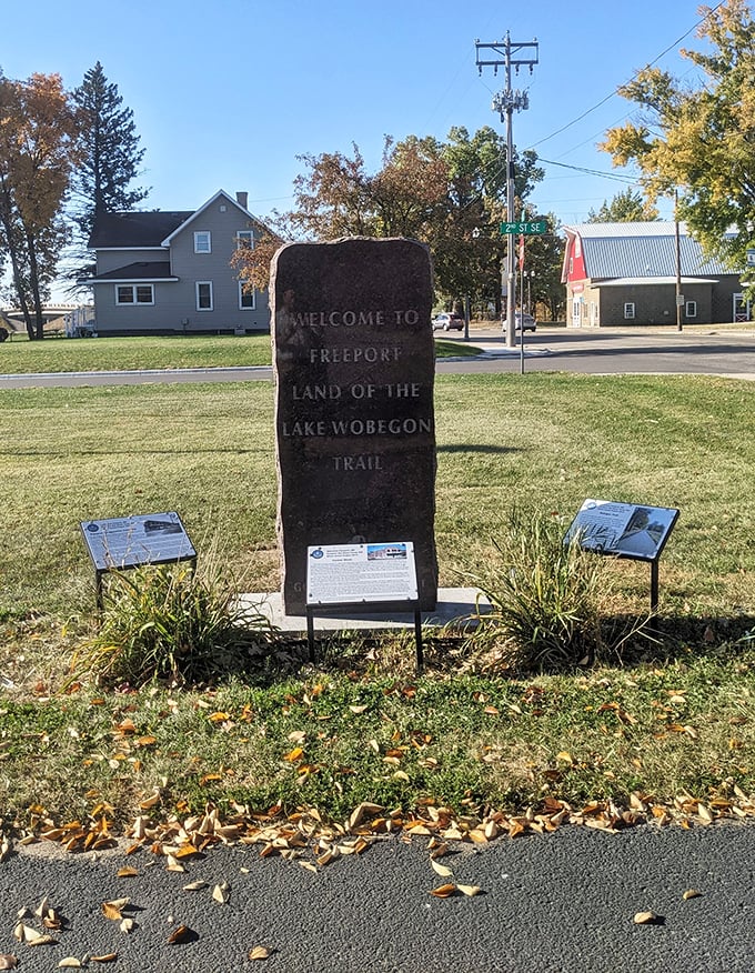 The welcome marker proudly announces Freeport as "Land of the Lake Wobegon Trail," a fitting tribute to Minnesota's storytelling heritage.