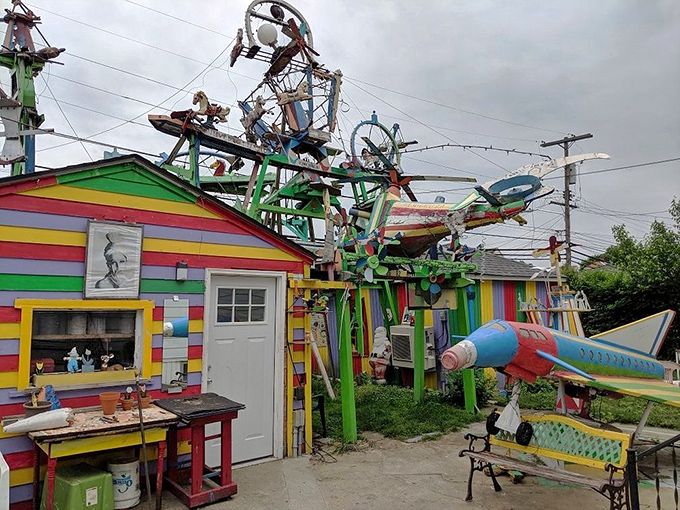 Hamtramck Disneyland erupts from a residential neighborhood in a riot of color and motion. This folk art masterpiece represents one immigrant's vibrant vision of the American dream.
