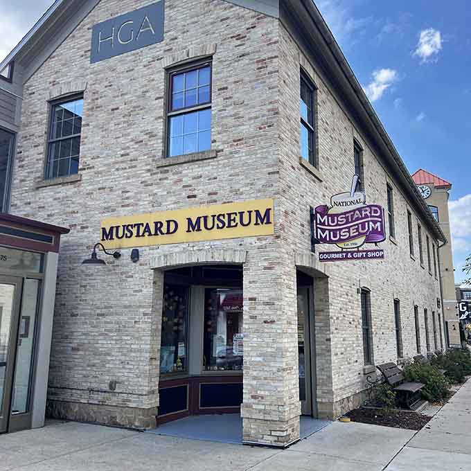 The National Mustard Museum's brick exterior welcomes condiment enthusiasts to explore the world's largest collection of mustards.