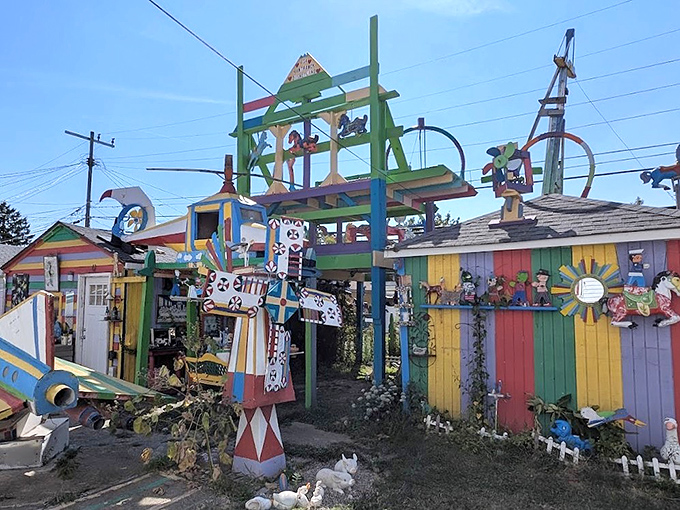 Like a carnival designed by Dr. Seuss after a Michigan winter, this vibrant backyard masterpiece proves creativity knows no bounds.