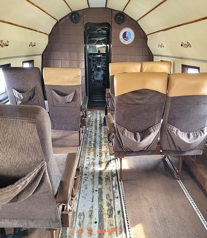 Time travel in style! The preserved vintage aircraft cabin interior shows how the well-heeled jetsetters of yesteryear experienced the miracle of flight.